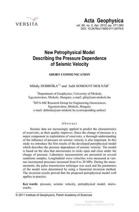 Pdf New Petrophysical Model Describing The Pressure Dependence Of