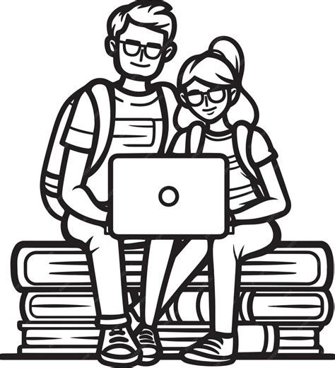 Techy Tete A Tete Couple Deep In Laptop Work On Stack Of Books Vector Black Logo Literary Lounge