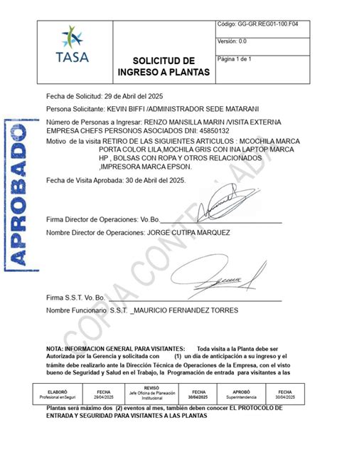 Solicitud De Ingreso A Planta Pdf