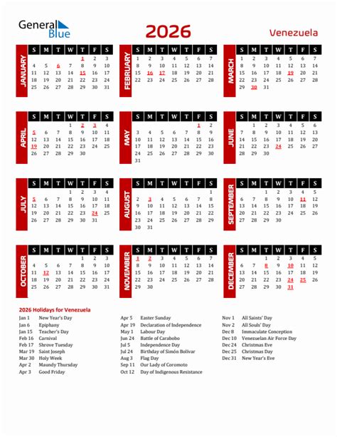 Venezuela 2026 Calendar With Holidays
