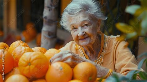Funny Portrait Of Happy Mature Woman Grandma Having Fun With Orange