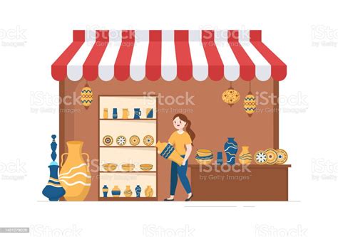 다양한 선물 장식용 꽃병 및 보석류가 있는 기념품 가게는 플랫 만화 손으로 그린 템플릿 일러스트레이션에서 친구나 가족이 공유할 수 있습니다 거리에 대한 스톡 벡터 아트 및