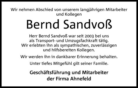 Traueranzeigen Von Bernd Sandvoß Trauer Mt De
