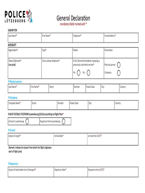 Fillable Online General Declaration Form For Pilots Leaving Or Entering The Schengen Area Fax