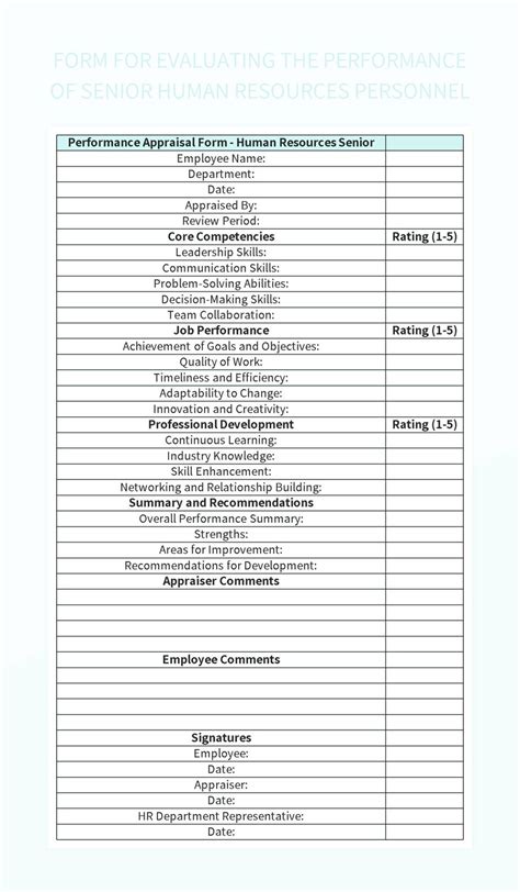 Performance Assessment Form For Human Resource Managers Excel Template