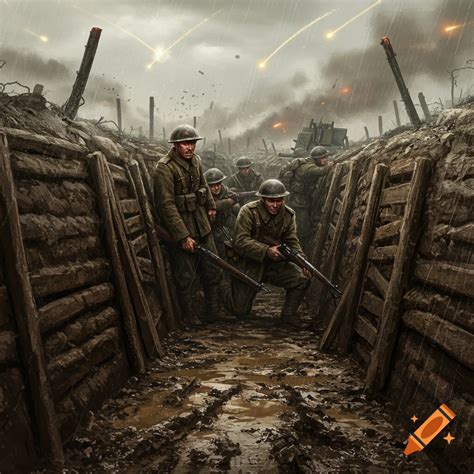 Wwi Soldiers In Muddy Trench With Rifles Rain Falling And Artillery