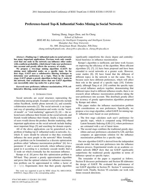 Pdf Preference Based Top K Influential Nodes Mining In Social Networks