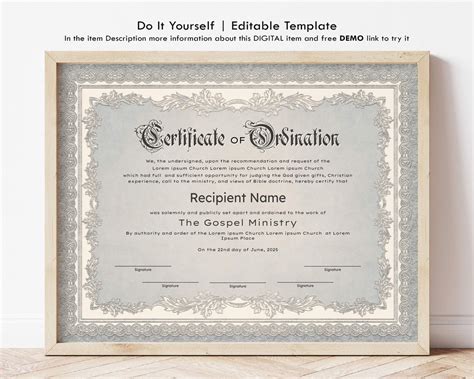 Editable Ordination Certificate Template Printable Certificate Of