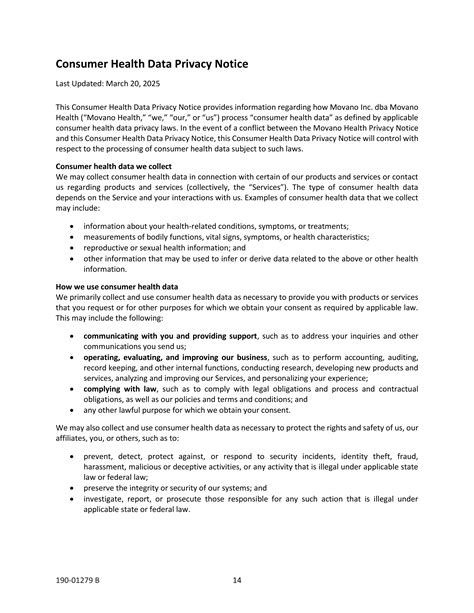 Movano Health Privacy Notice With Consumer Health Privacy Notice Evie