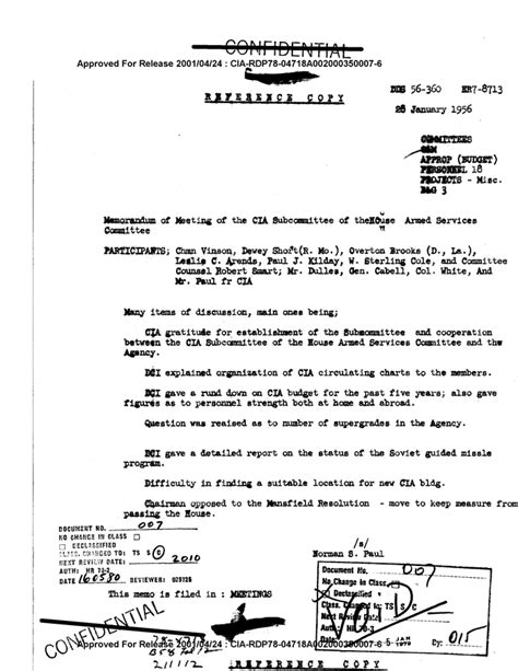 Memorandum Of The Cia Subcommittee Of The House Armed Services