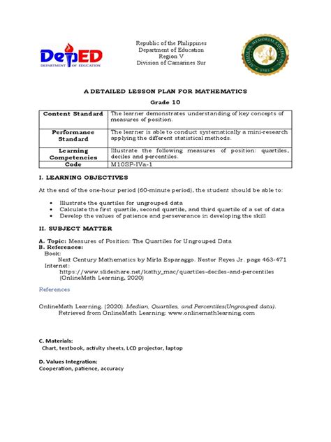 Quartile For Ungrouped Data Detailed Lesson Plan Pdf Quartile Lesson Plan