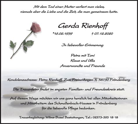 Traueranzeigen Von Gerda Rienhoff Trauer In Nrwde