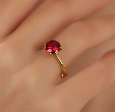 Ruby Solitaire Silver Ring 14k Gold Round Cut Minimalist Wedding Band Ring Solitaire