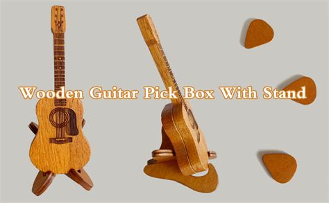 Chevixor Wooden Guitar Pick Box With Stand Guitar Pick Case With 3 Pcs Guitar Pick