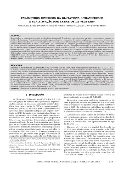 Pdf Parâmetros Cinéticos Da Glutationa S Transferase E Sua Ativação