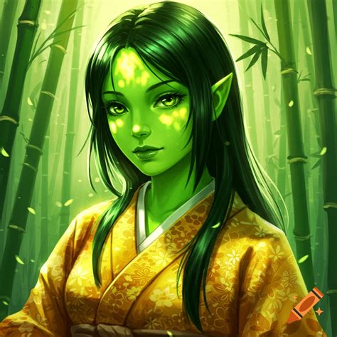 A Green Skinned Elf Like Woman With Dark Green Hair And Amber Eyes