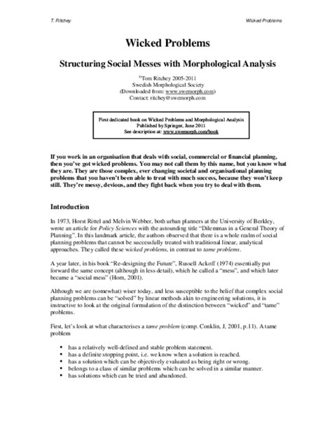 Pdf Wicked Problems Structuring Social Messes With Morphological