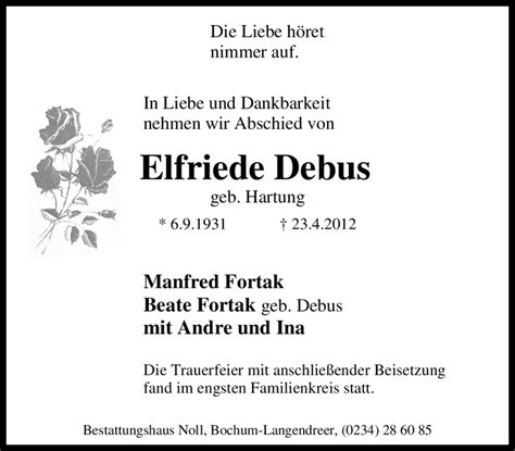 Traueranzeigen Von Elfriede Debus Trauer In Nrwde