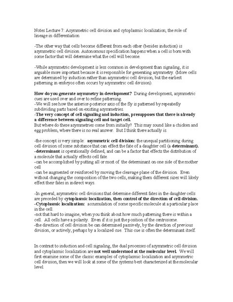 Lecture 4 Notes Asymmetric Cell Division And Cytoplasmic Localization