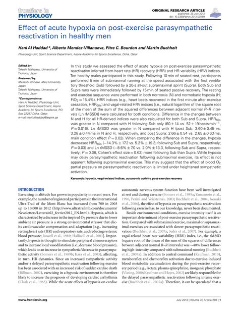 Pdf Effect Of Acute Hypoxia On Post Exercise Parasympathetic Reactivation In Healthy Men