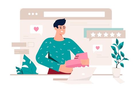 평면 만화 디자인의 사람 장면이 포함된 제품 개요 핑크색 개념 Blogger에서 리뷰를 기록합니다 프리미엄 벡터