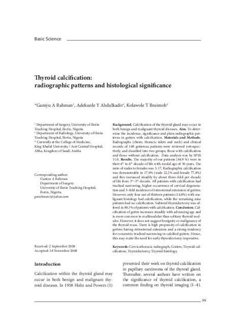 Pdf Thyroid Calcification Radiographic Patterns And Histological