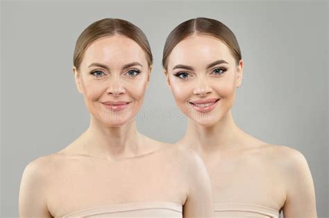 Charming Young Model Woman And Mature Woman Two Female Faces Collage