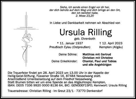 Traueranzeigen Von Ursula Rilling Schwaebische De Trauerportal