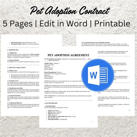Editable Pet Adoption Contract Template Word Format Etsy