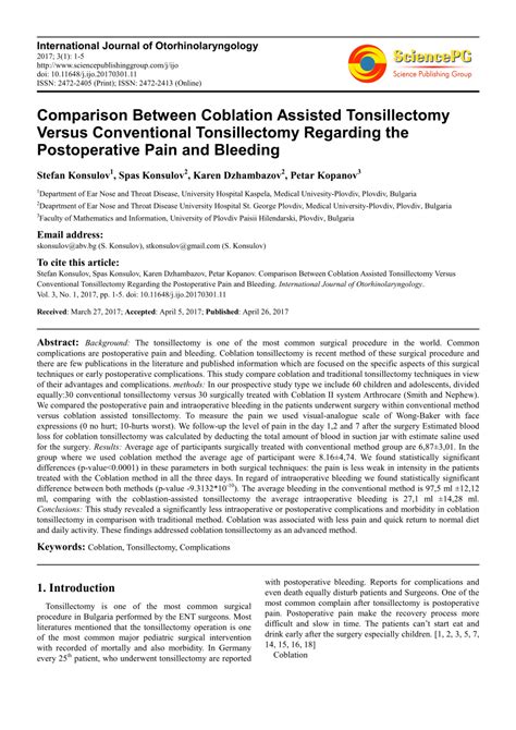 Pdf Comparison Between Coblation Assisted Tonsillectomy Versus