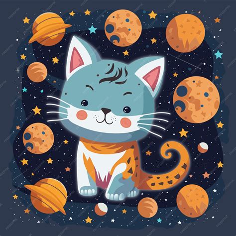 Premium Vector Cute Space Cat Character On The Background Of A Dark