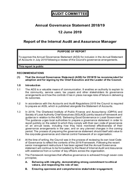 Fillable Online Annual Governance Statement For Year Ended 30 Fax