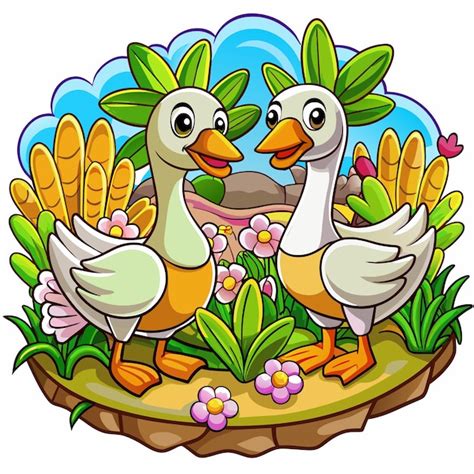 Premium Vector Two Ducks Are Standing In A Circle With Flowers And Grass