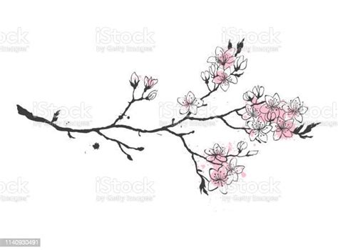 Realistic Sakura Japan Cherry Branch With Blooming Flowers Stock