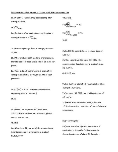 Ap Calculus Interpretation Of Derivatives In Context Topic Practice