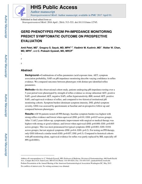 Pdf Gerd Phenotypes From Ph Impedance Monitoring Predict Symptomatic