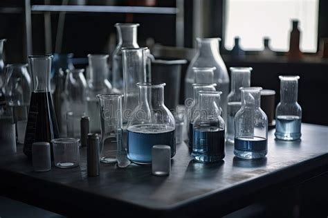 Glass Flasks Beakers And Test Tubes Arranged Neatly On Laboratory Table Stock Illustration