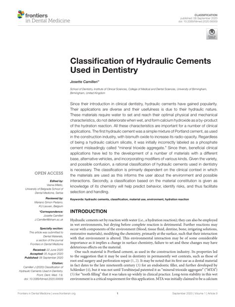 Pdf Classification Of Hydraulic Cements Used In Dentistry