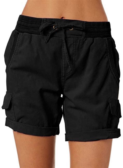 Shewin Womens Cotton Linen Shorts High Waist Drawstring Black