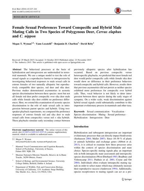 Pdf Female Sexual Preferences Toward Conspecific And Hybrid Male