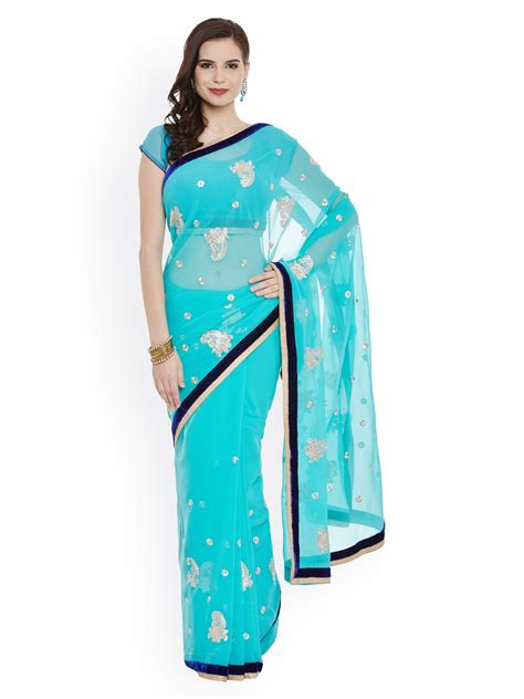 Buy Chhabra 555 Turquoise Blue And Turquoise Blue Poly Georgette