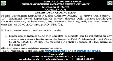 Corrigendum Extension In Closing Date Federal Government Employees Housing Authority