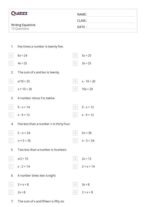 50 Writing Equations Worksheets For 7th Grade On Quizizz Free