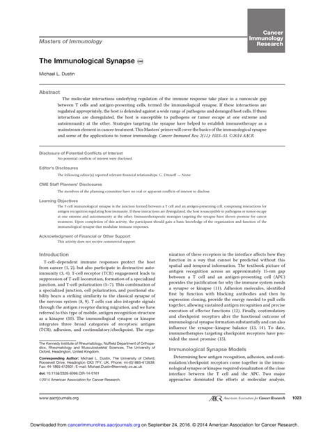 Pdf The Immunological Synapse