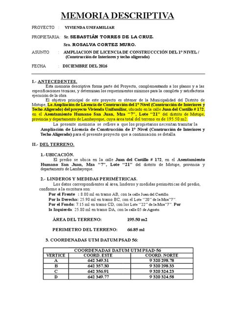 Memoria Descriptiva De Licencia De Edificacion