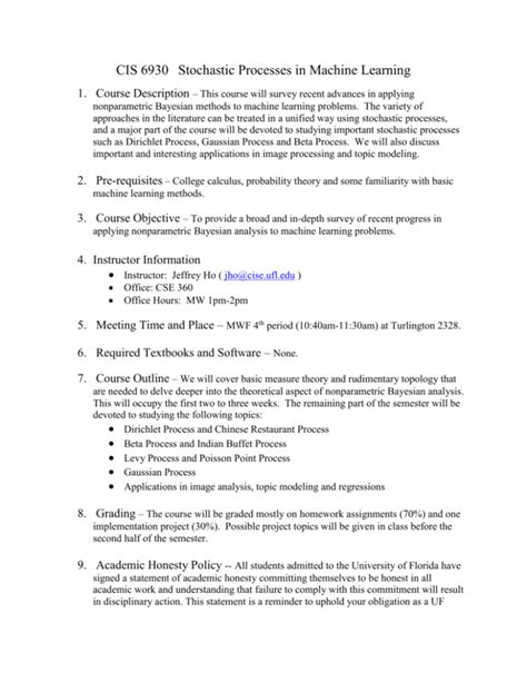 Cis 6930 Stochastic Processes In Machine Learning Course