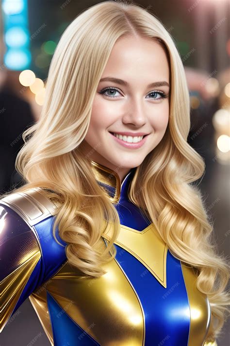 Premium Ai Image Portrait Of A Beautiful Blonde Woman Wearing A Superhero Costume In The City