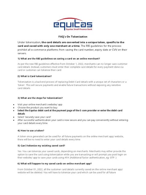 Faq Tokenisation Equitas 30092022 Pdf Computing Banking
