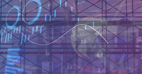 Animation Of Graphs Trading Board And Globe Over Modern Buildings Through Window Stock Footage