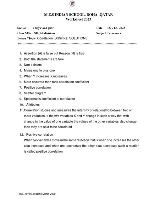 Economics Worksheet Solutionclass 11 Correlation 2023 Download Free